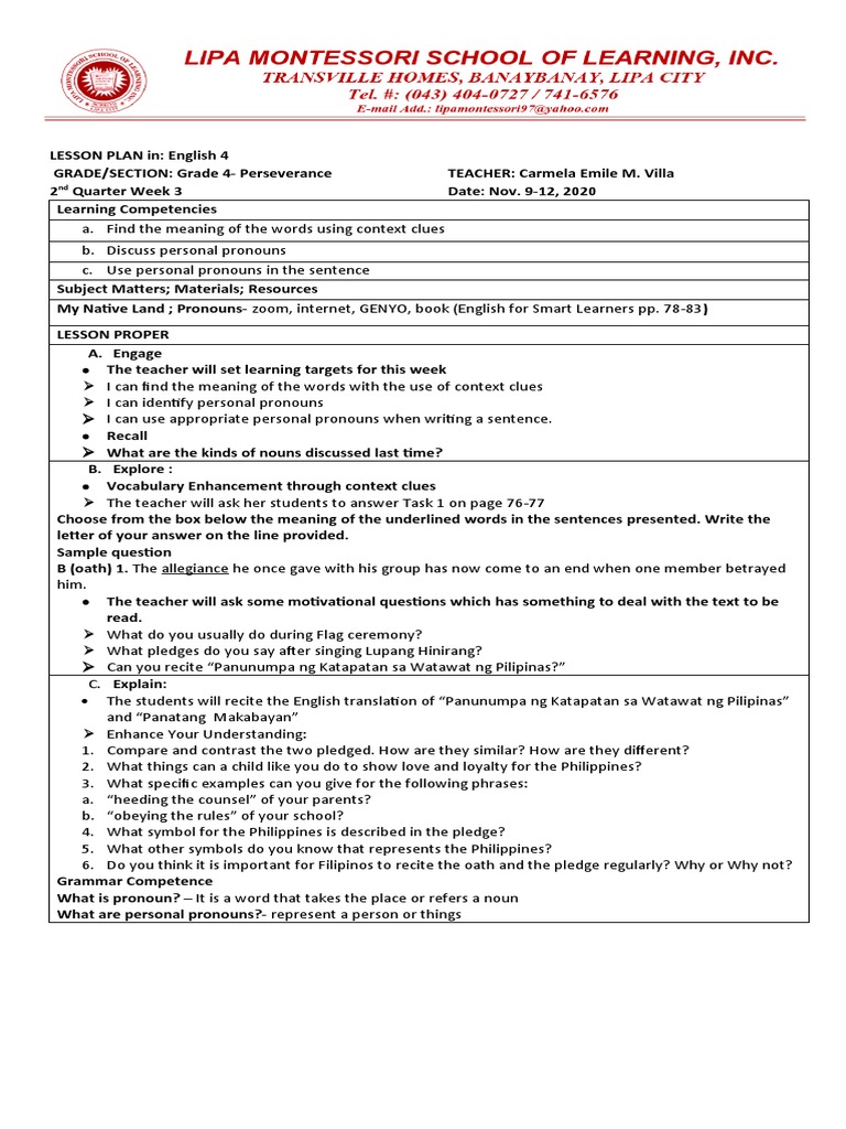 LP in Elem Q2W3 | PDF | English Language | Pronoun