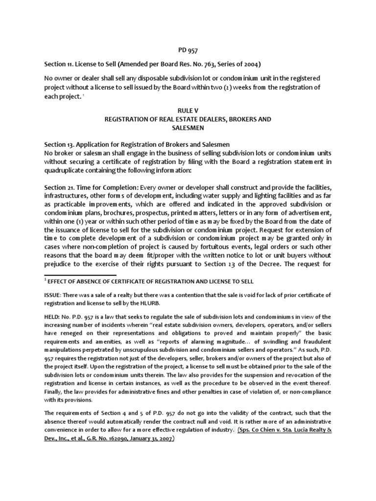 Notes On PD 957 | PDF | Condominium | Sales