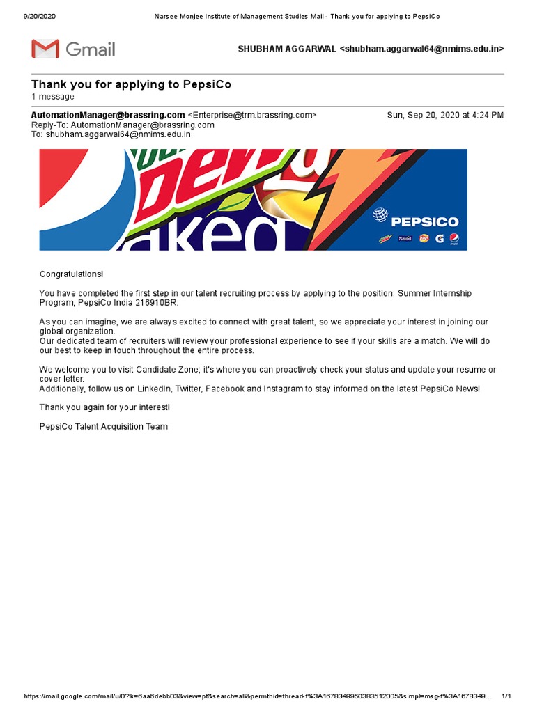 Thank You For Applying To Pepsico: 1 Message | PDF