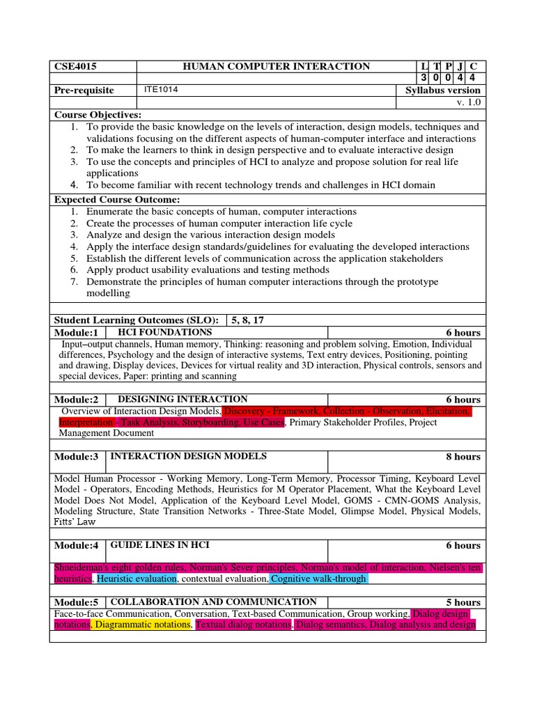 CSE4015 Human Computer Interaction L T P J C Pre-Requisite Syllabus ...