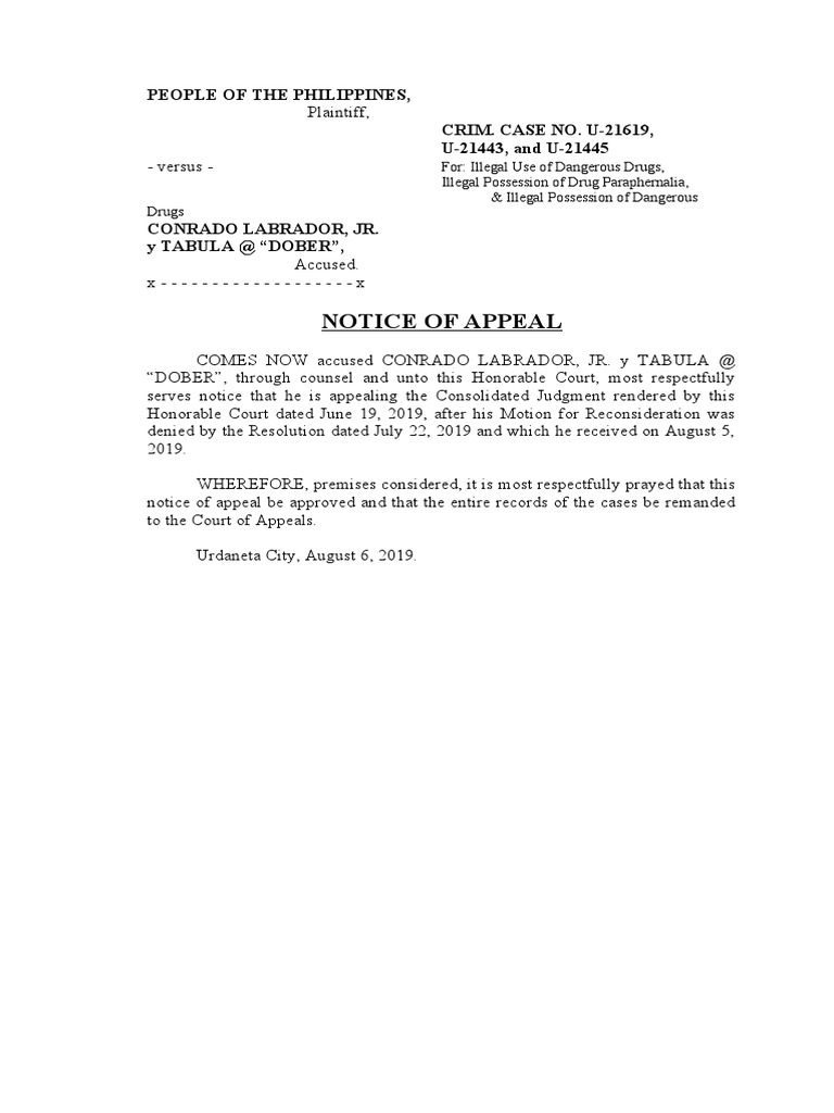 Notice of Appeal: People of The Philippines, CRIM. CASE NO. U-21619, U ...