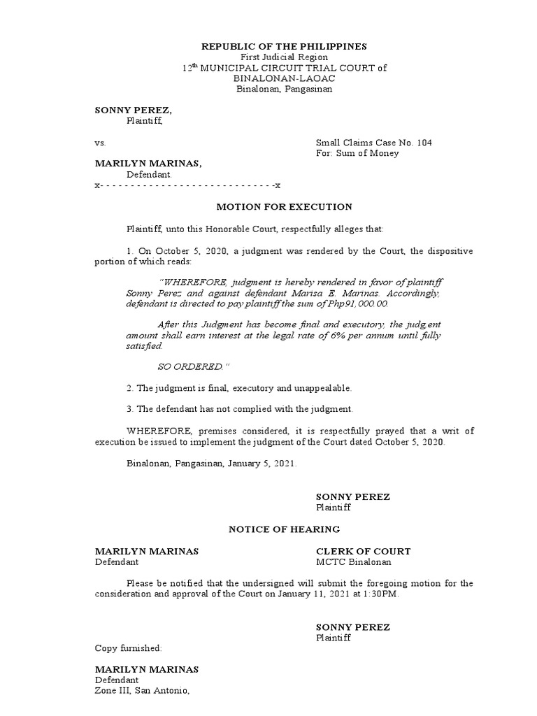 Motion For Execution - Small Claims | PDF | Law