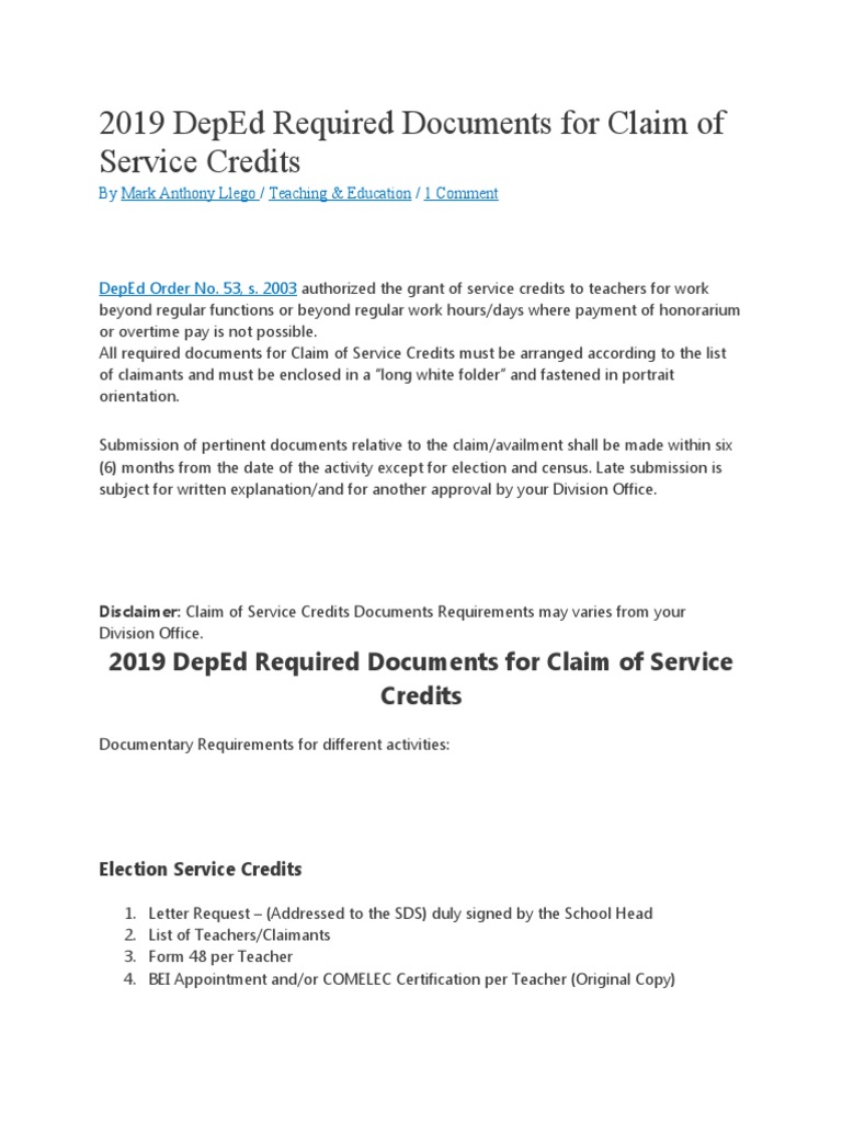 2019 DepEd Service Credits Requirements | PDF | Lesson Plan | Classroom