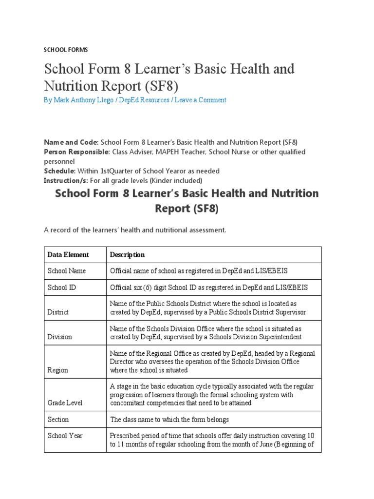 School Form 8 Learner's Basic Health and Nutrition Report (SF8) | PDF ...