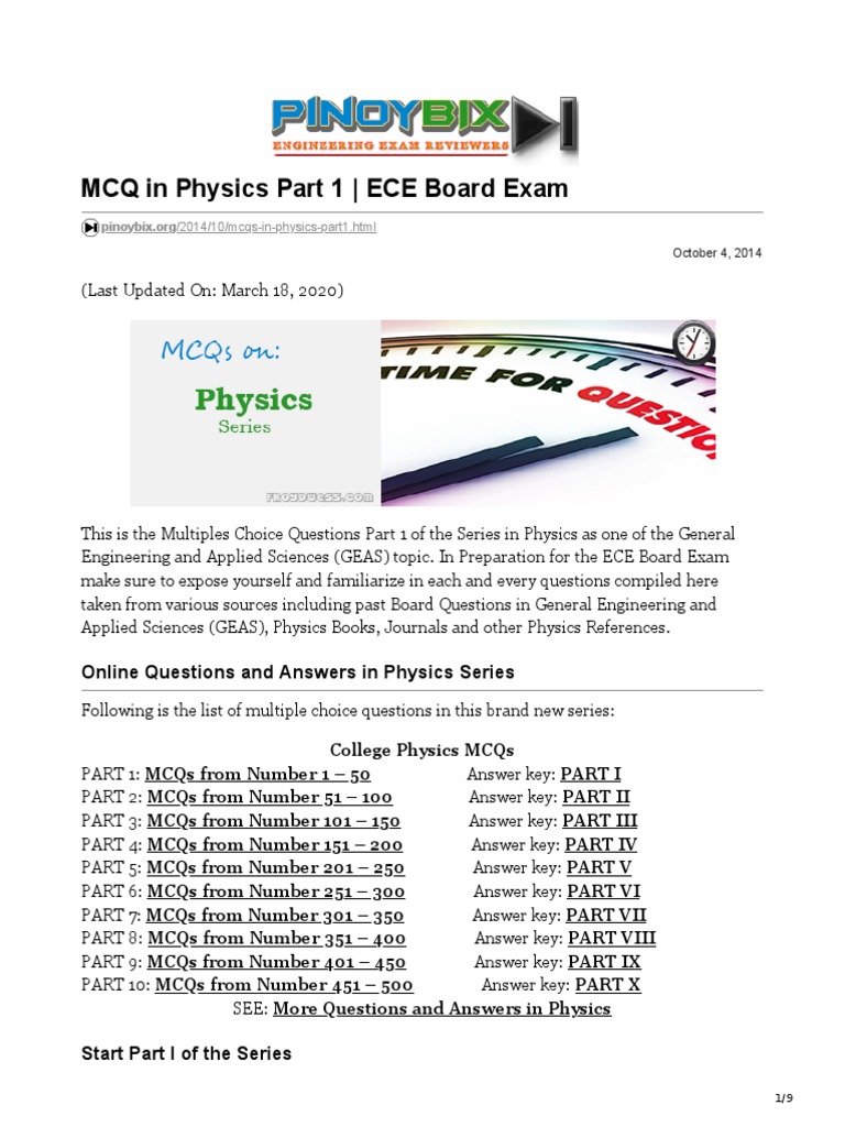 MCQ in Physics Part 1 ECE Board Exam | PDF | Euclidean Vector ...