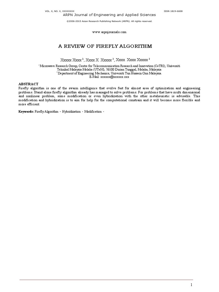 A Review of Firefly Algorithm: XXXXX XXXX, XXXX X. XXXXX, Xxxx. XXXX XXXXX | PDF | Metaheuristic ...