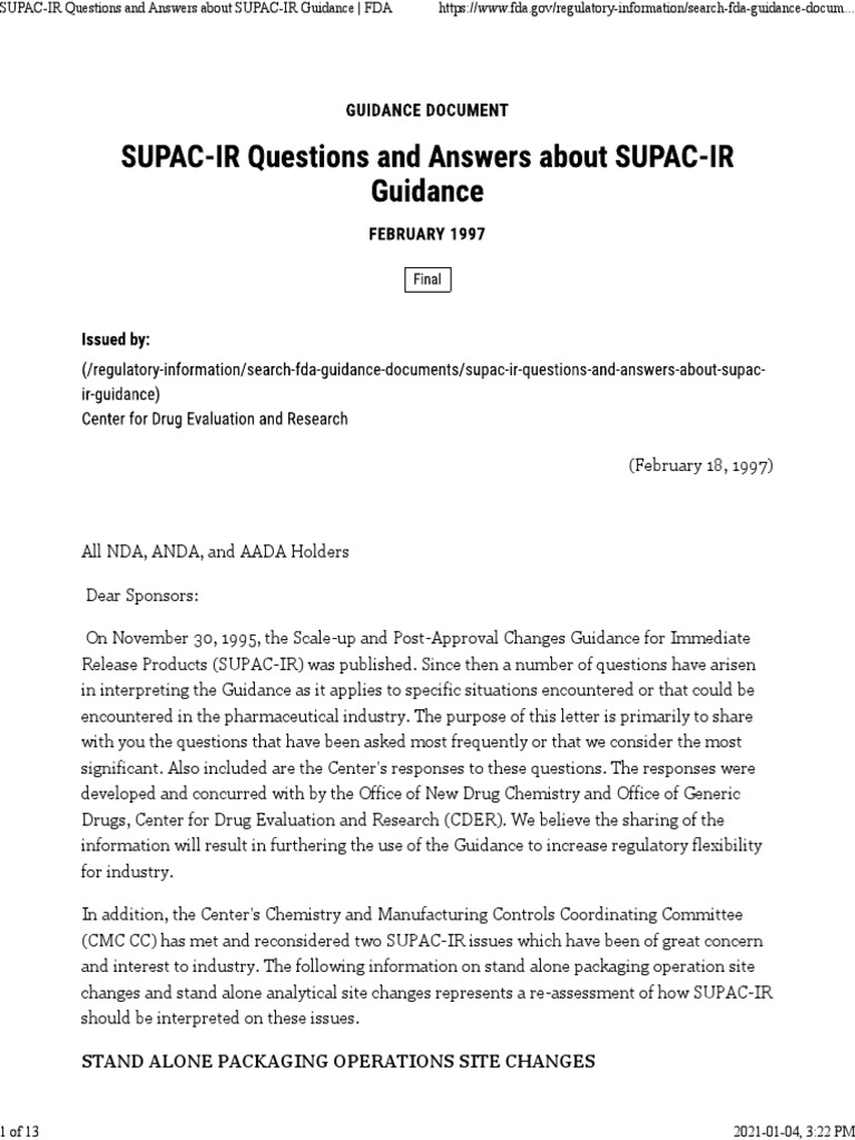 SUPAC-IR Guidance Q&A Overview | PDF | Food And Drug Administration ...