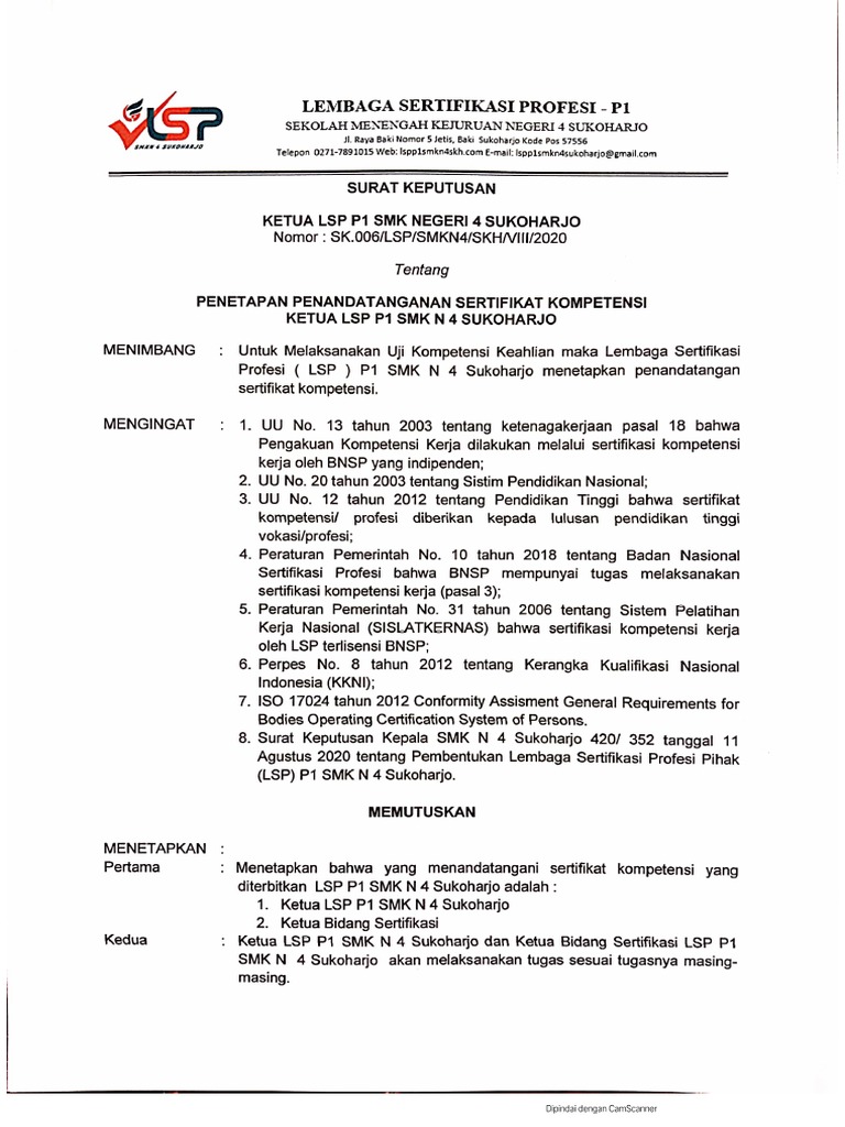 SK Penetapan Personil Penandatanganan Sertifikat Kompetensi | PDF