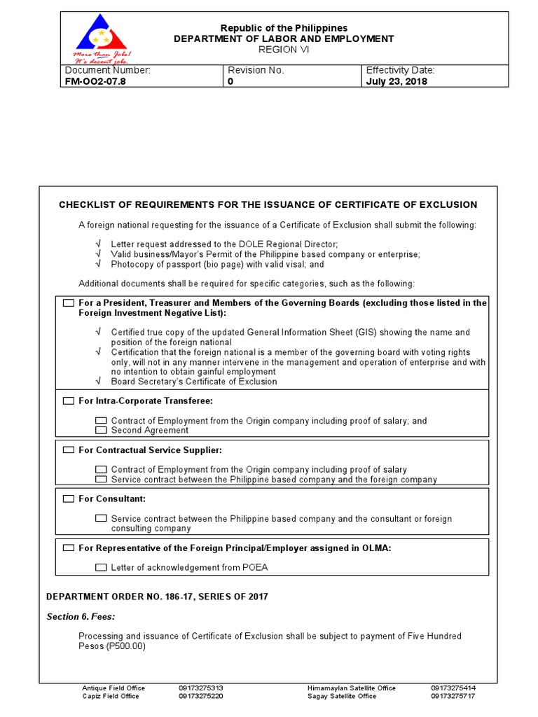 FM-OO2-07.8 Checklist For Certificate of Exclusion To Secure AEP | PDF ...