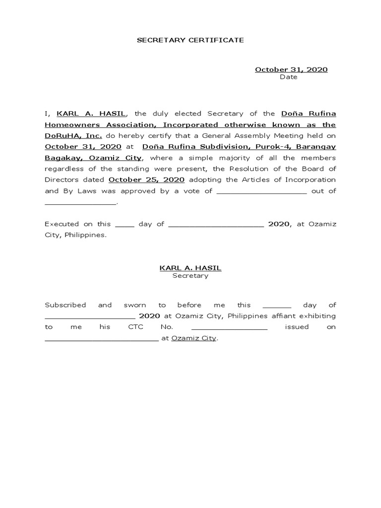 Secretary Certification | PDF