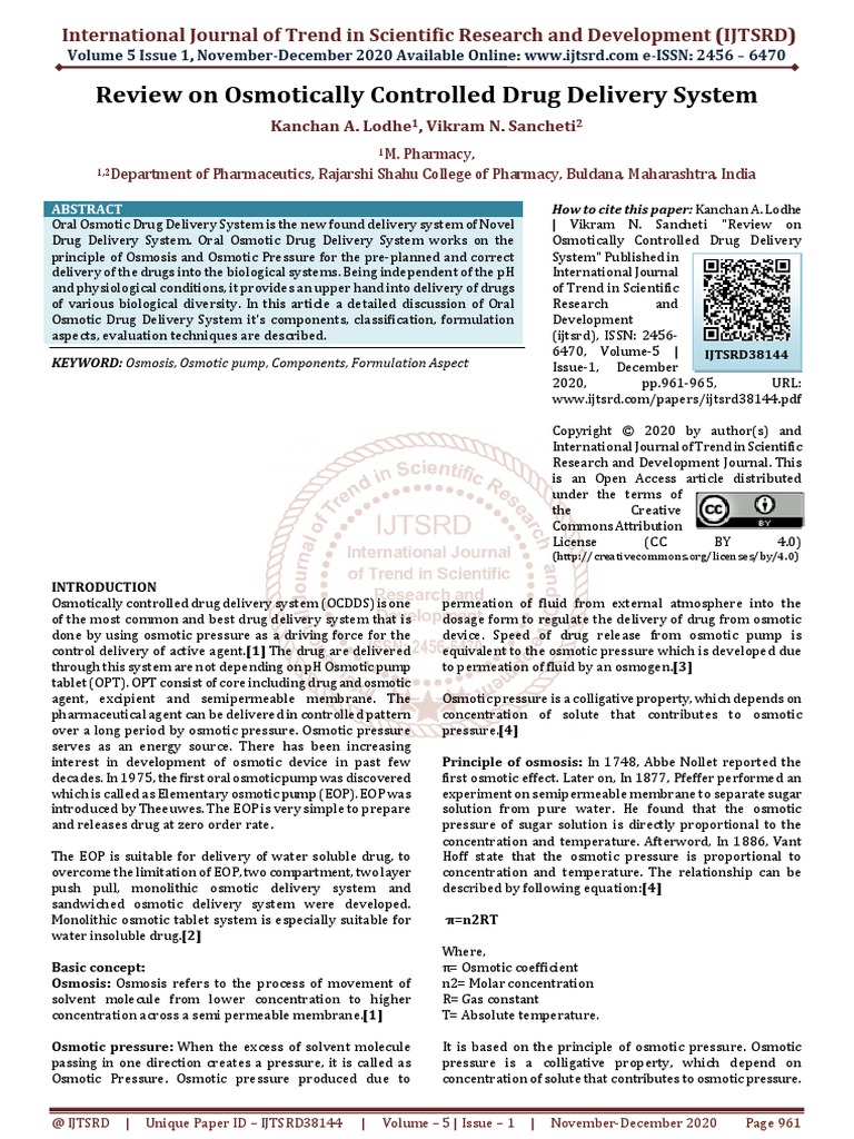 Review On Osmotically Controlled Drug Delivery System Pdf Osmosis Solubility