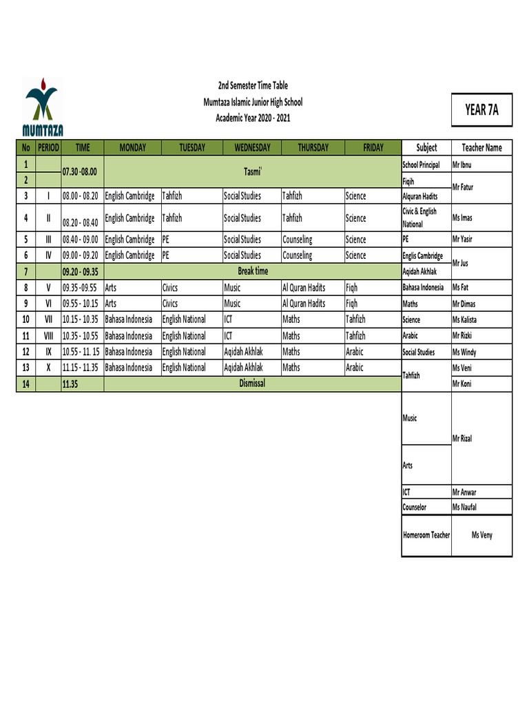 Timetable Year 7A - 2nd Semester | PDF | Semitic Words And Phrases ...
