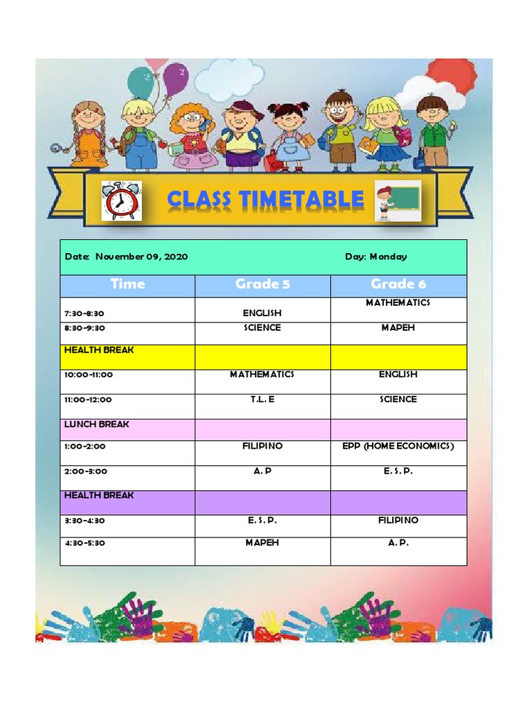 Class Timetable: Time Grade 5 Grade 6 | PDF