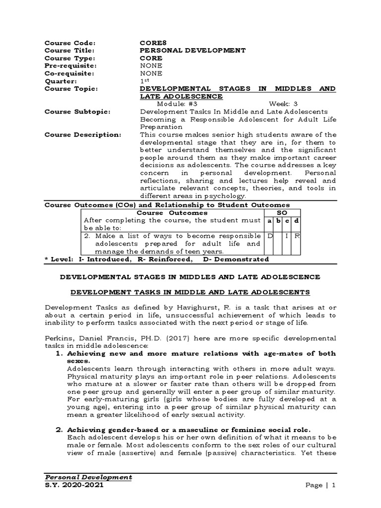 Perdev - Module3 (Week3) | PDF | Adolescence | Developmental Psychology