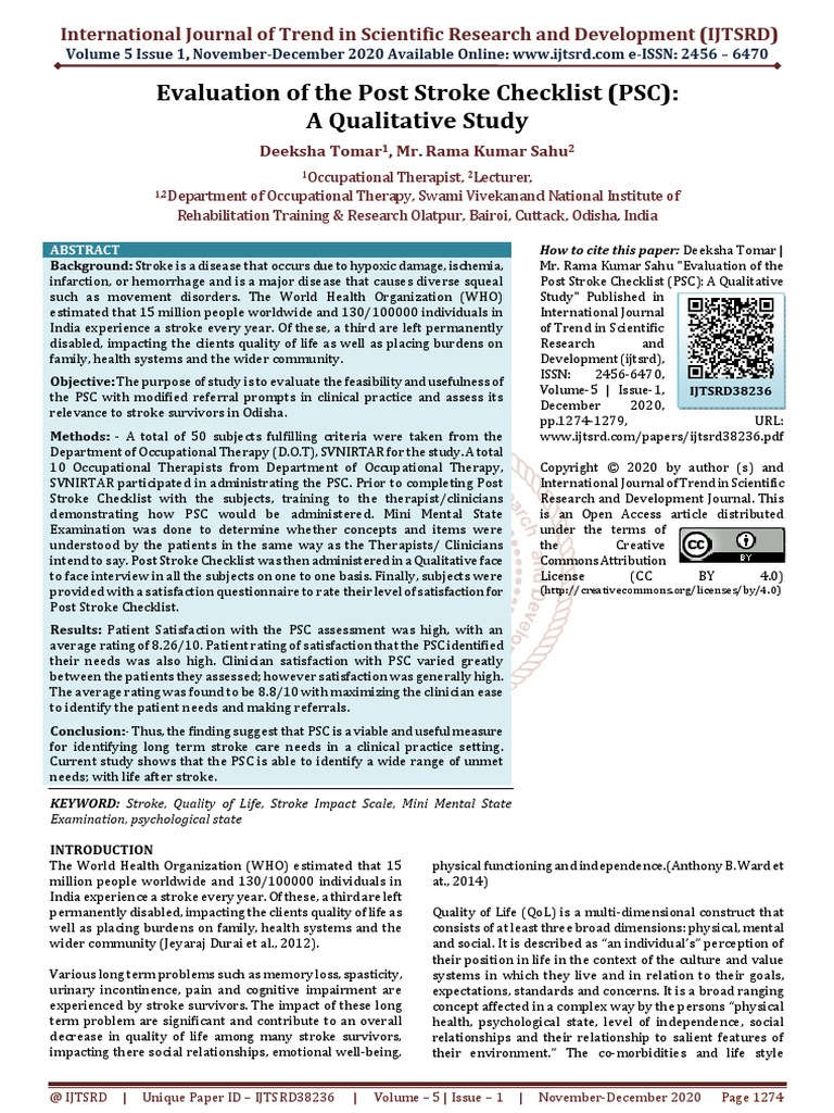 Evaluation of The Post Stroke Checklist PSC A Qualitative Study | PDF ...