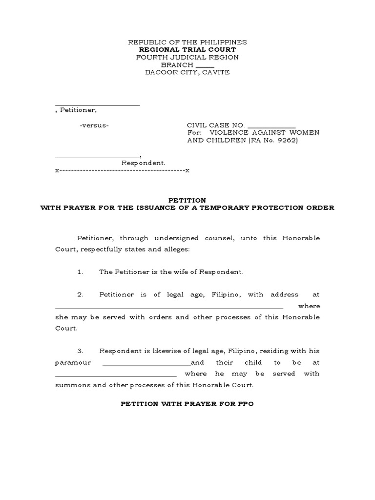Template Civil Petition With Prayer For Temporary Protection Order ...