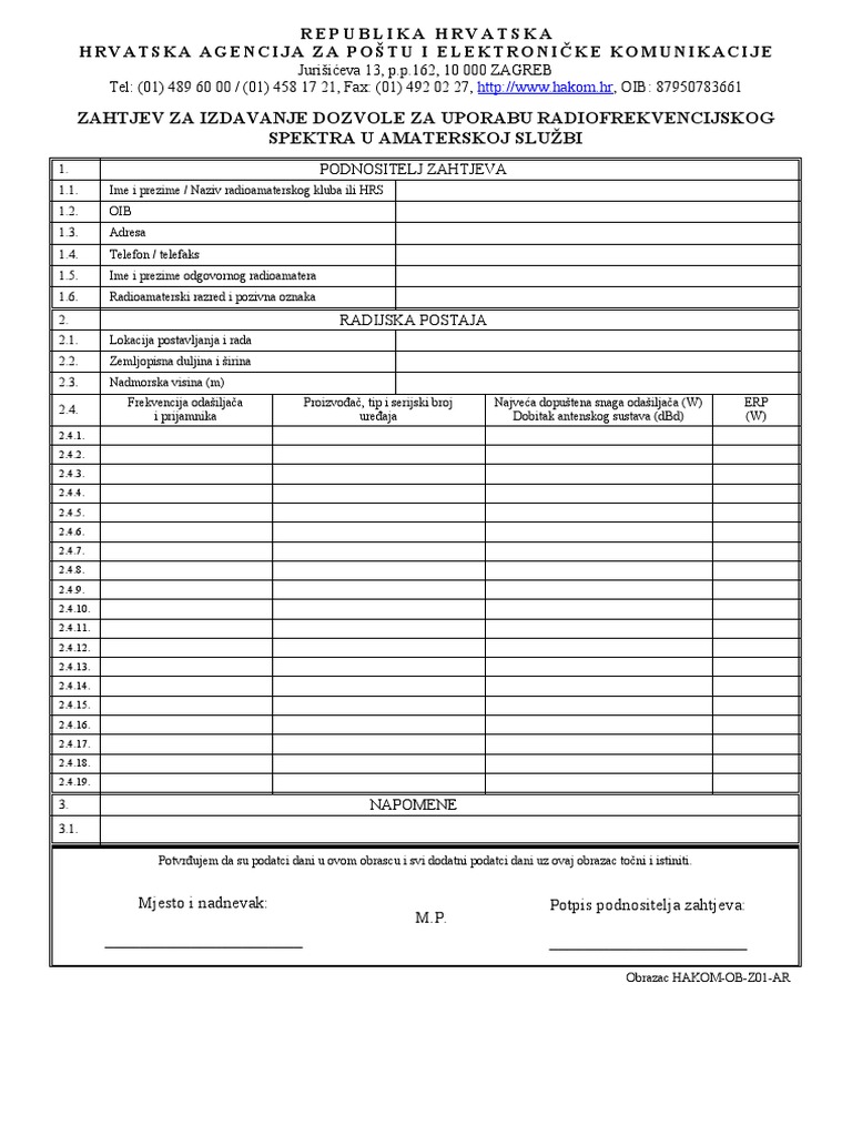 Zahtjev Za Izdavanje Dozvole Za Uporabu Radiofrekvencijskog Spektra U Amaterskoj Službi | PDF