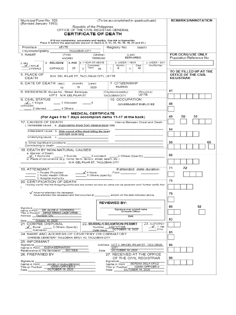 Death Certificate Homicide Sample | PDF