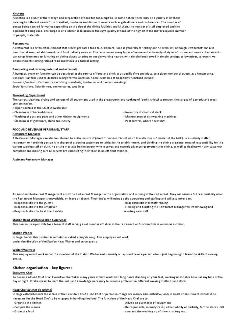 FNB PERSONNELS and DIVISIONS | PDF | Waiting Staff | Chef