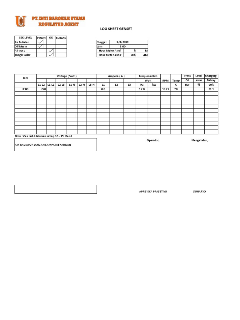 Log Kegiatan Genset PT. Inti Barokah Utama | PDF
