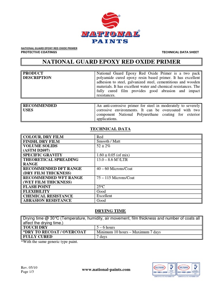 National Guard Epoxy Red Oxide Primer Data Sheet | PDF | Epoxy | Wear