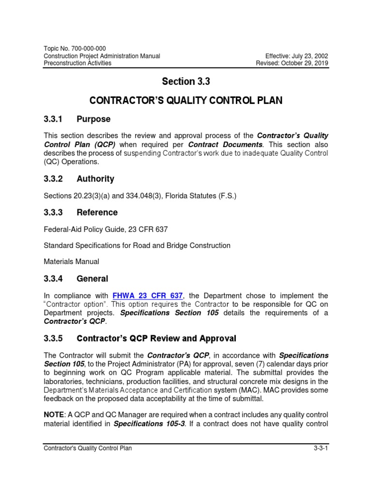 Section 3.3 Contractor'S Quality Control Plan: 3.3.1 Purpose | PDF ...