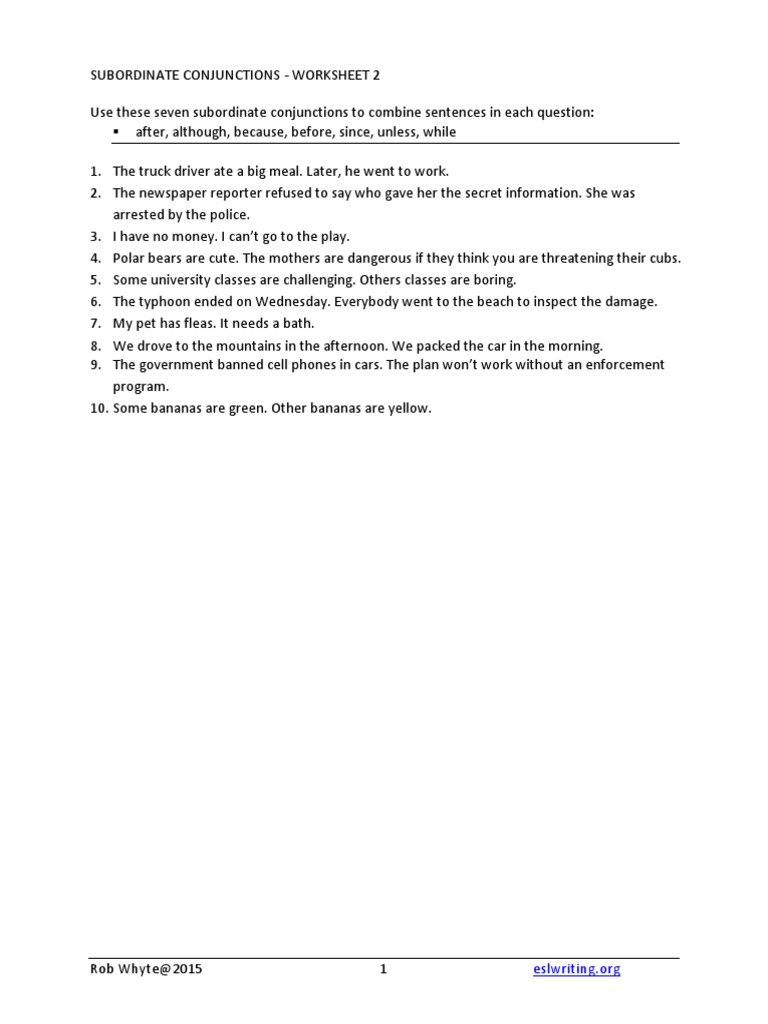 Worksheet Subordinate Conjunctions PDF | PDF | Violence