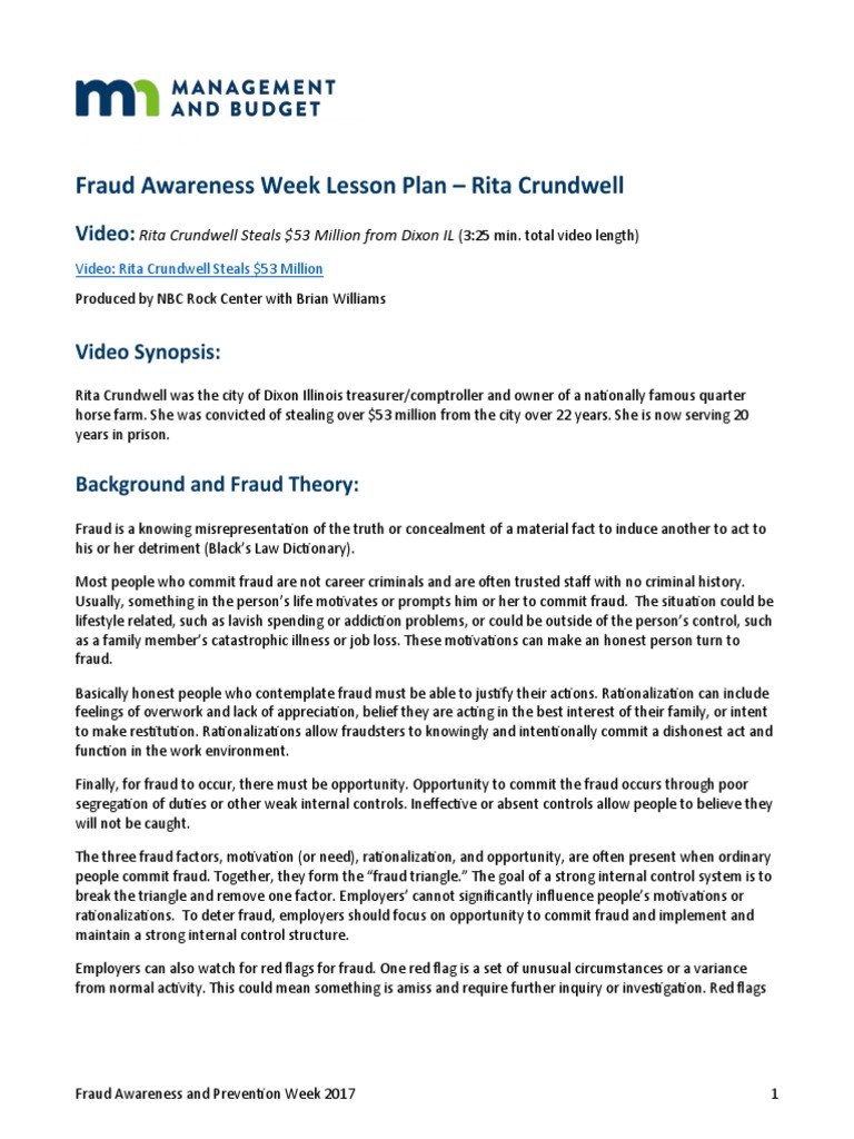 Fraud Awareness Week Lesson Plan - Rita Crundwell: Video | PDF | Fraud ...