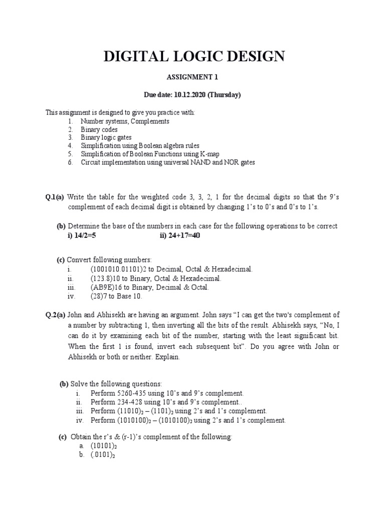Digital Logic Design: Assignment 1 Due Date: 10.12.2020 (Thursday ...