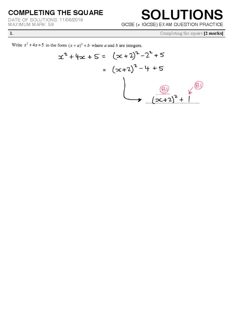 Solutions: Completing The Square | PDF | Accuracy And Precision | Test ...