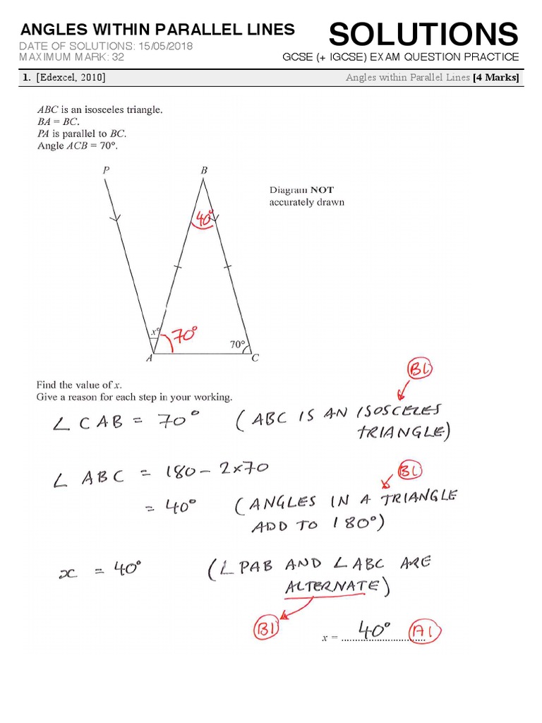Solutions: Angles Within Parallel Lines | PDF | Accuracy And Precision | Question