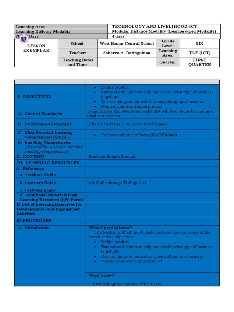 Tle 6 - Lesson Exemplar - Produces Simple Products | PDF | Packaging ...