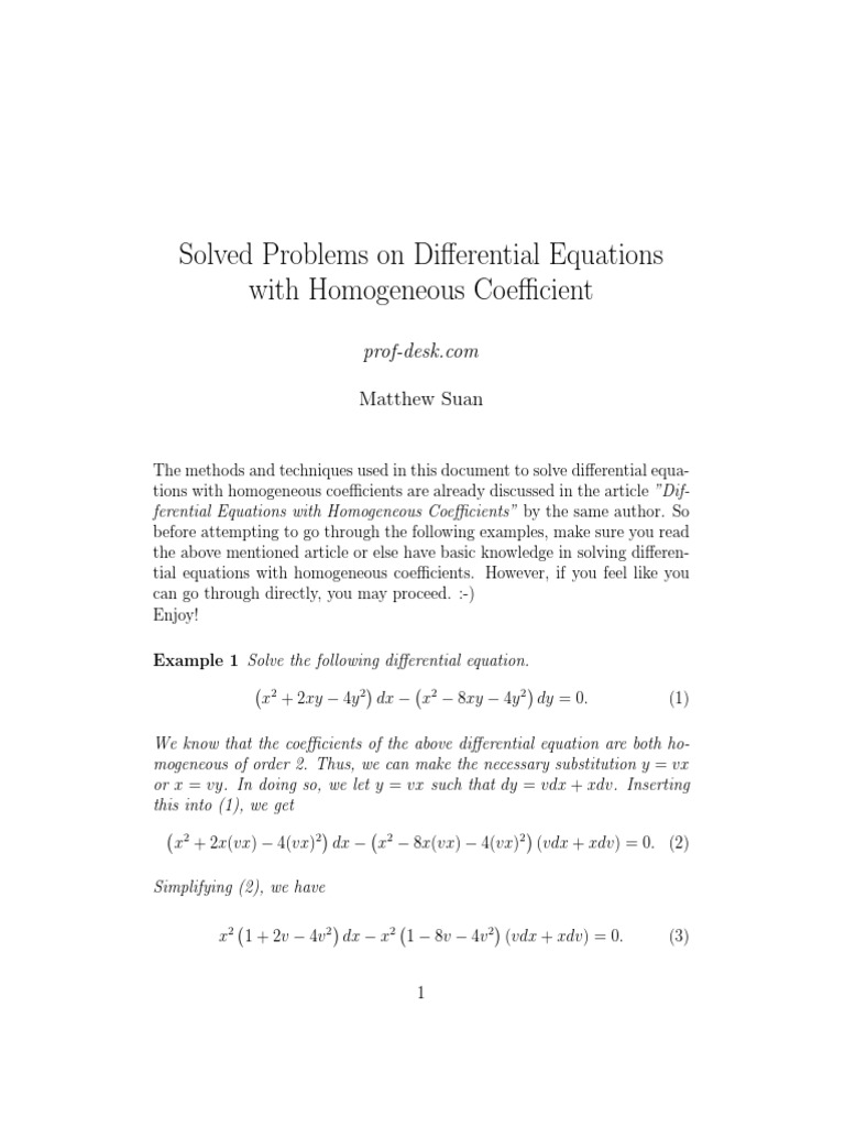 Solved Problems On de With Homogeneous Coefficient PDF | PDF ...