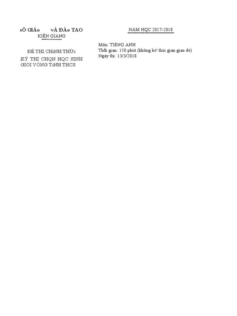 Sö Gláo Và Ðào Tao: Ðè Thi Chinh Thúc Ký Thi CHQN HQC Sinh Giói Vòng Tinh Thcs | PDF | Email ...