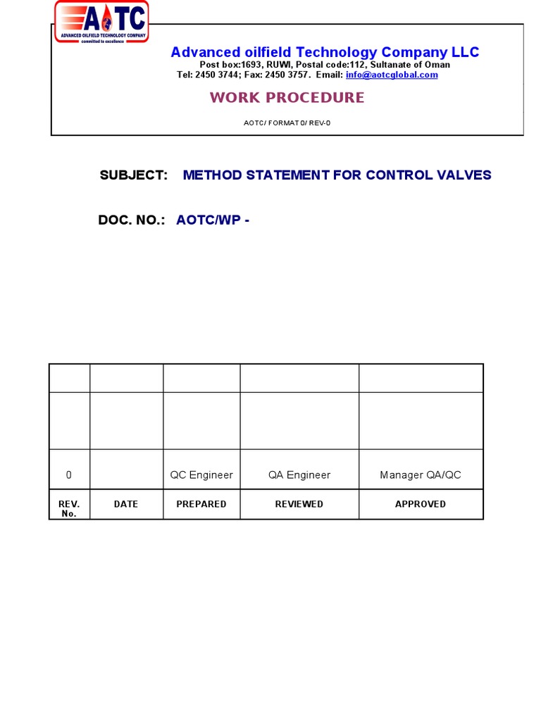 Advanced Oilfield Technology Company LLC: Work Procedure | PDF | Valve ...