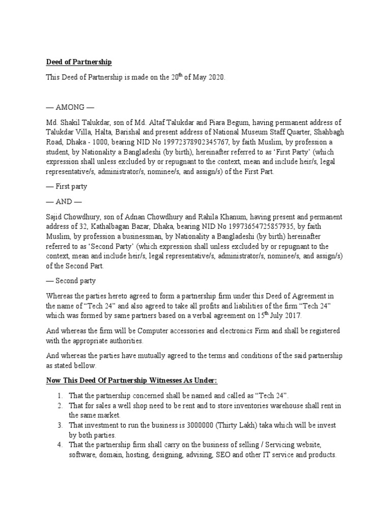 Partnership Deed | Download Free PDF | Partnership | Civil Law (Legal ...