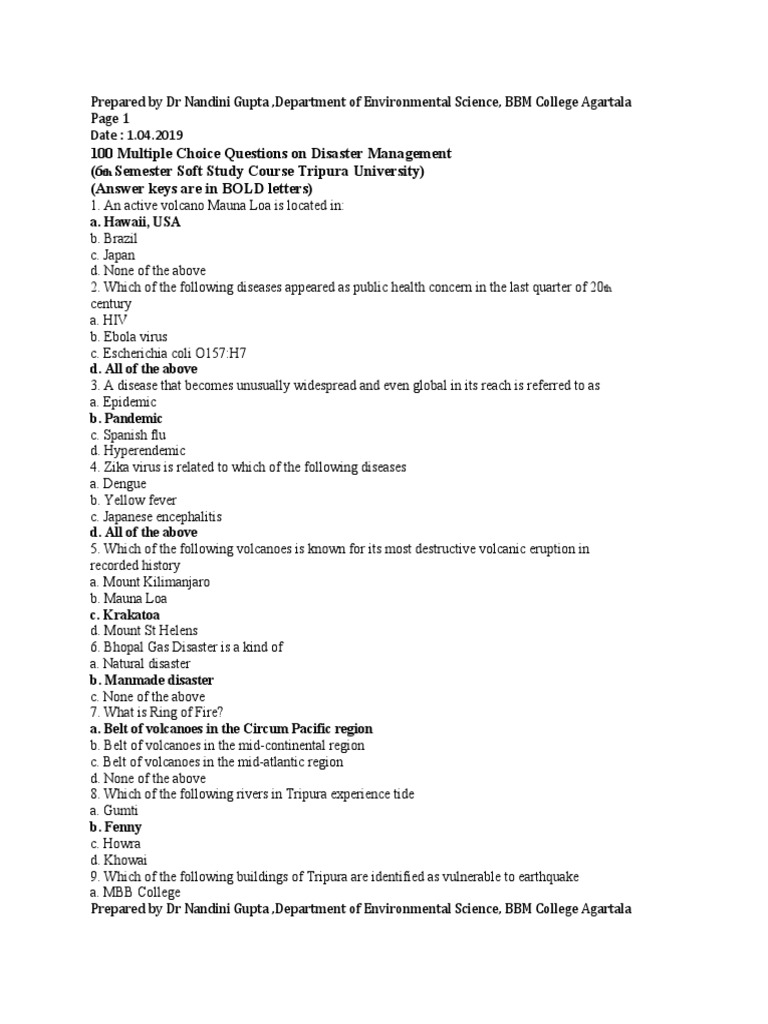 100 Multiple Choice Questions On Disaster Management (6 Semester Soft Study Course Tripura ...