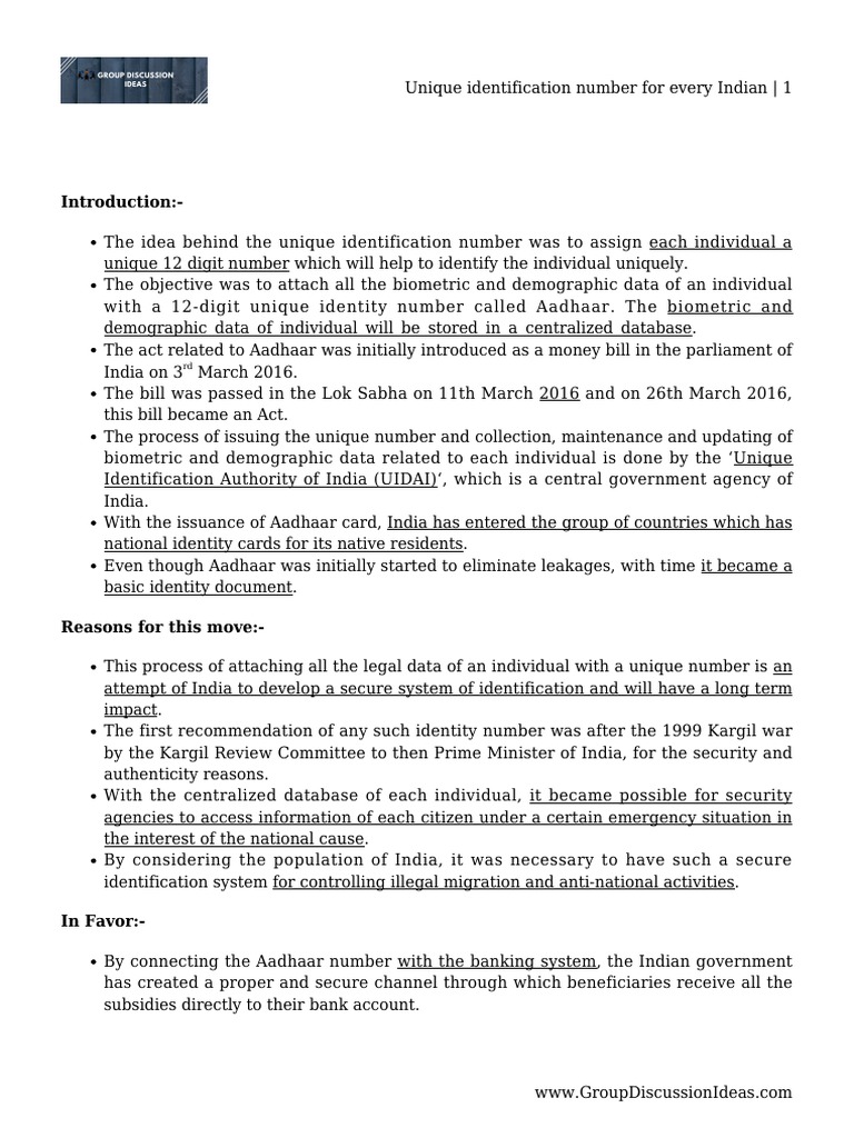 Unique Identification Number For Every Indian | Download Free PDF ...