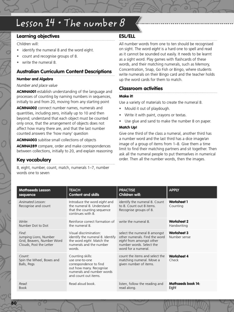 Lesson 14 - The Number 8: Learning Objectives Esl/Ell | PDF | Word ...