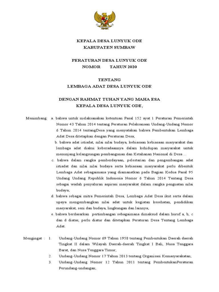 Format Perdes Lembaga Adat Desa | PDF
