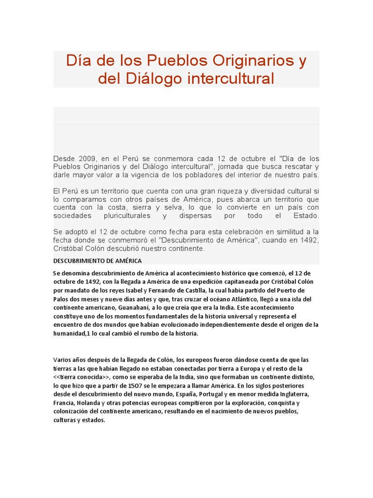 Día de Los Pueblos Originarios y Del Diálogo Intercultural | PDF | Américas