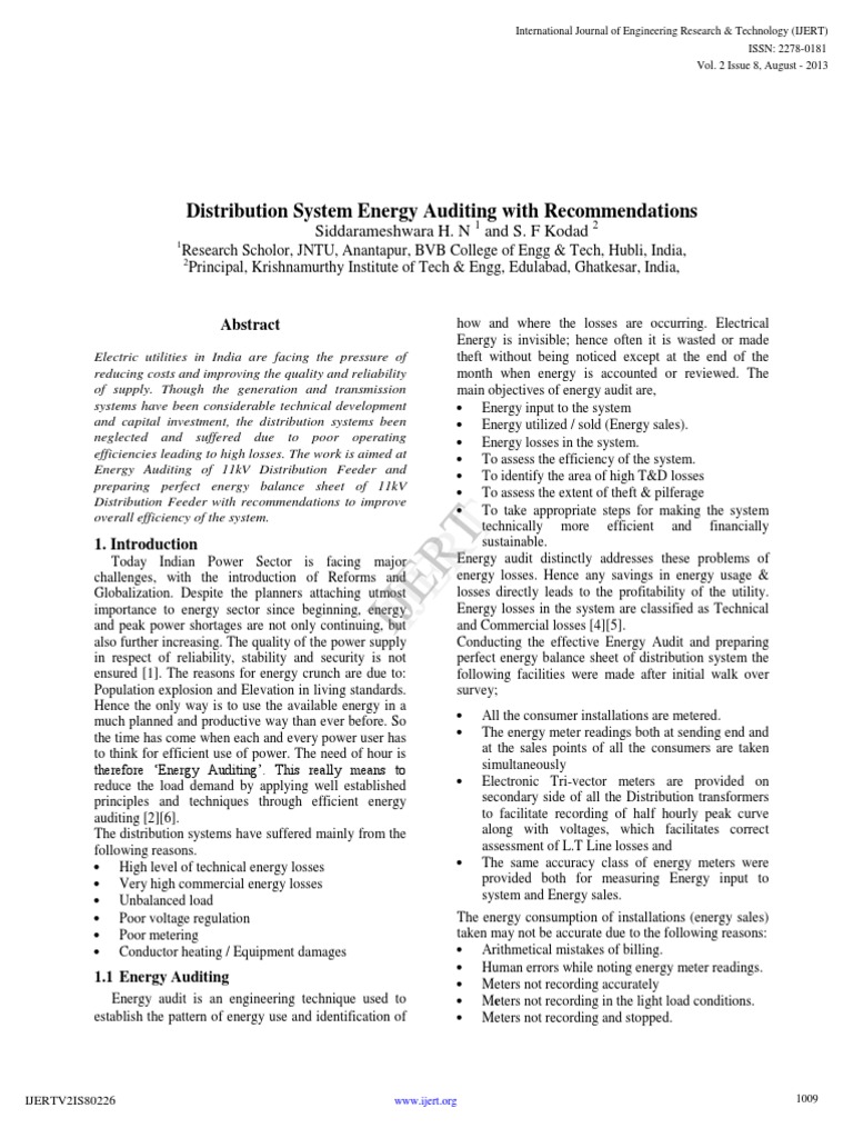 Ijert Ijert: Distribution System Energy Auditing With Recommendations | PDF | Audit | Transformer
