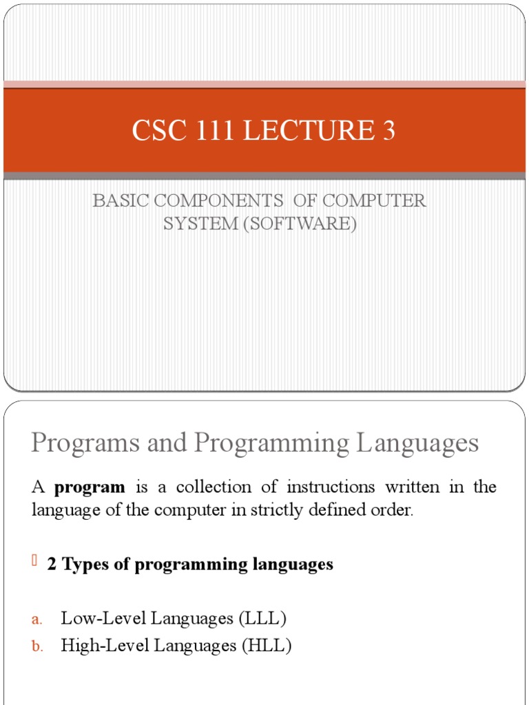 CSC 111 LECTURE 3: BASIC COMPONENTS OF COMPUTER SYSTEMS (SOFTWARE | PDF ...