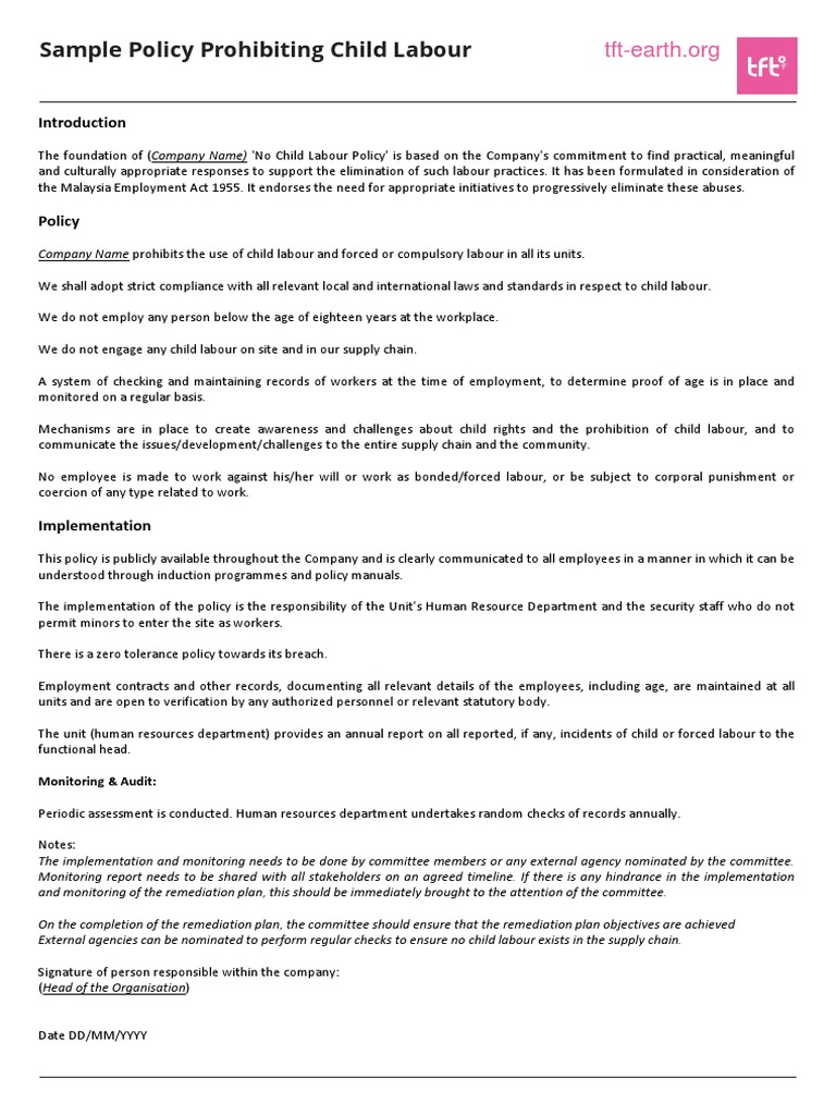 Sample Policy Prohibiting Child Labour: Monitoring & Audit | PDF ...