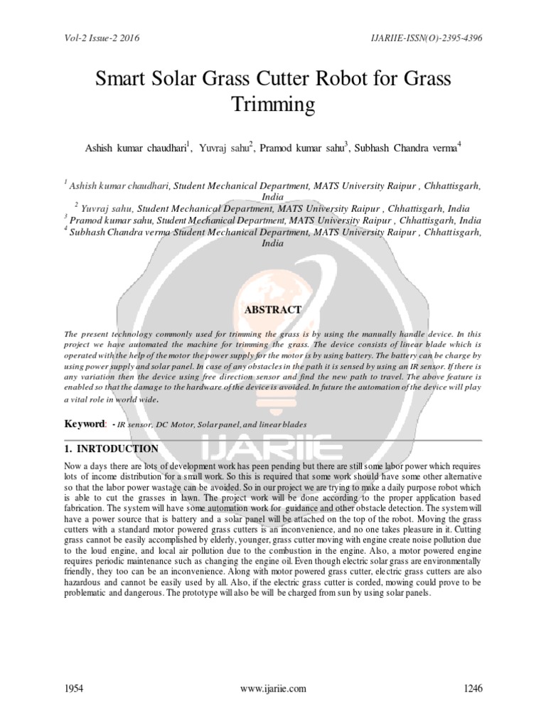 Smart Solar Grass Cutter Robot For Grass Trimming Ijariie1954 PDF | PDF ...