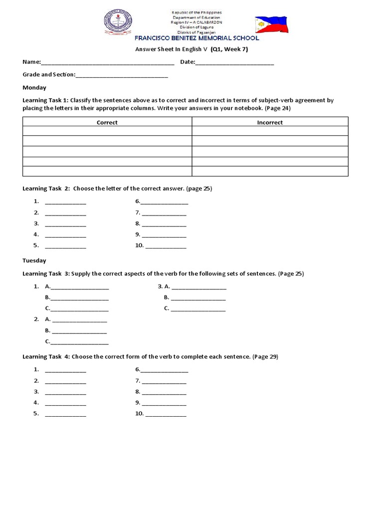 W7 English Answer Sheet With Summative Test | PDF | Verb | Subject ...
