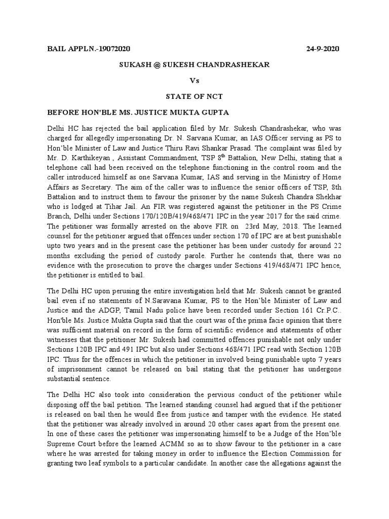 HEADNOTE SUKESH CHANDRASHEKAR Vs STATE OF NCT | PDF | Bail | Judiciaries