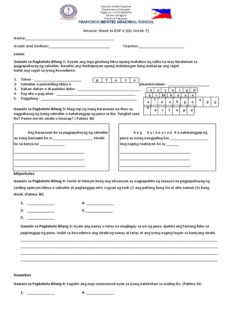 W7 ESP Answer Sheet With Summative Test | PDF