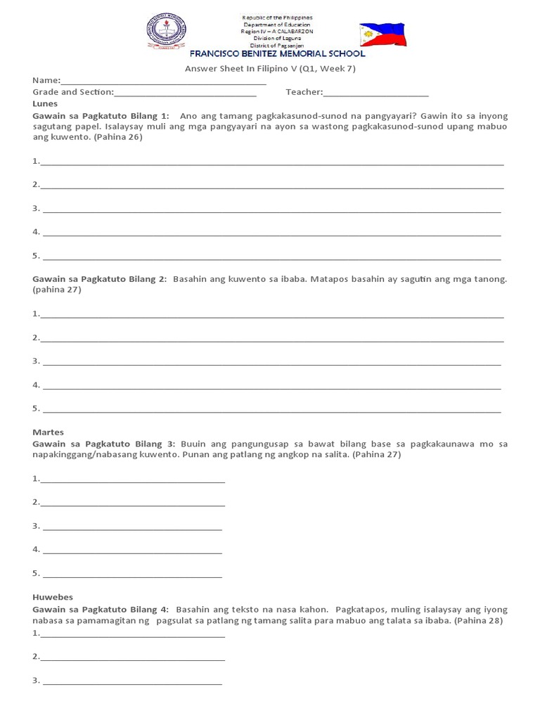 W7 Filipino Answer Sheet 1 | PDF
