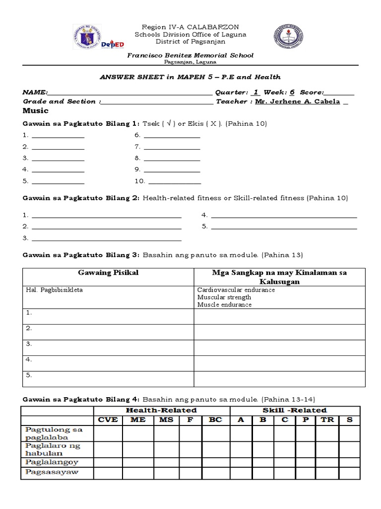 Answer Sheet For MAPEH 5 PE Health Week 6 | PDF